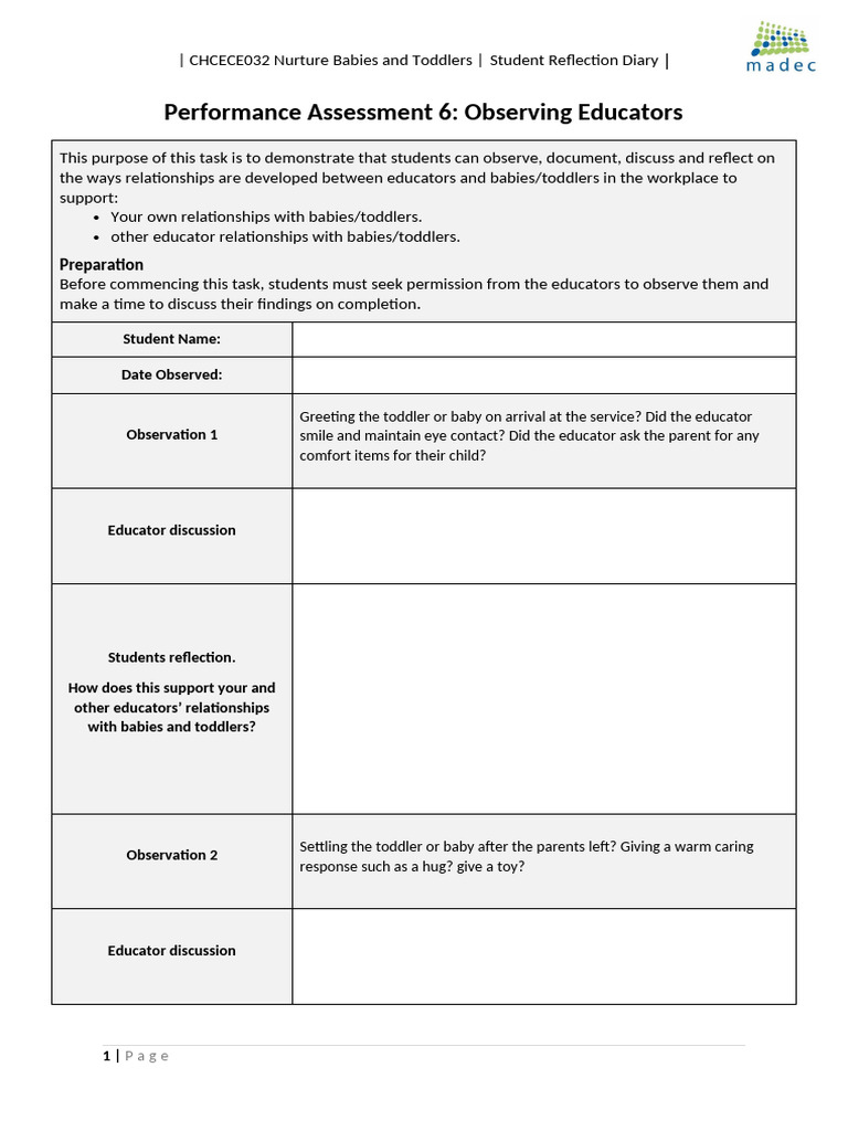 CHCECE032 - Performance Assessment 6 - Student Reflection Diary Template | PDF | Toddler | Infants