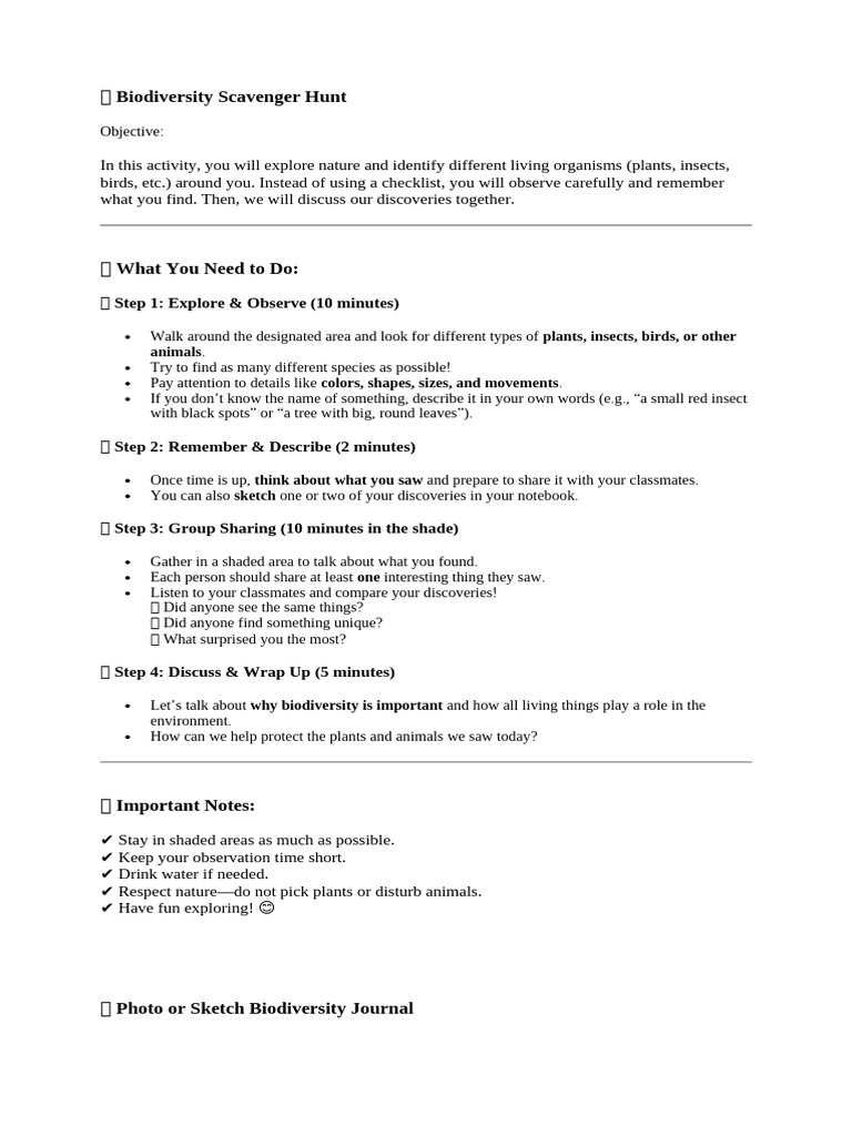 ? Biodiversity Scavenger Hunt | PDF | Nature