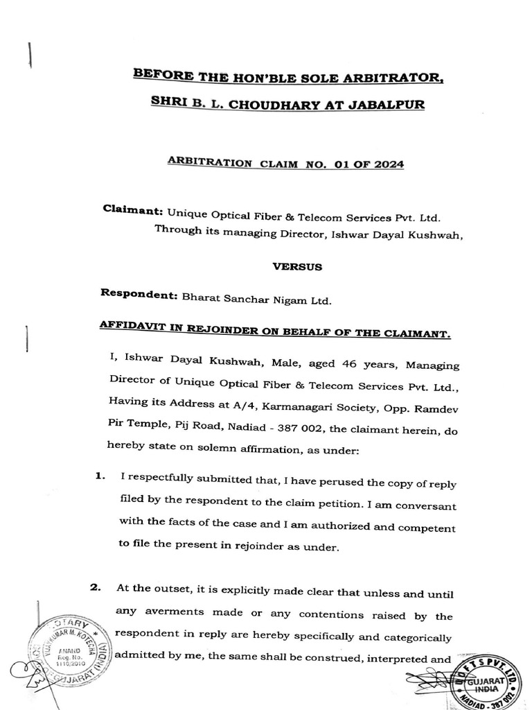 Affidavit in Rejoinder Arbitration Claim No. 1 of 2024 | PDF | Civil ...