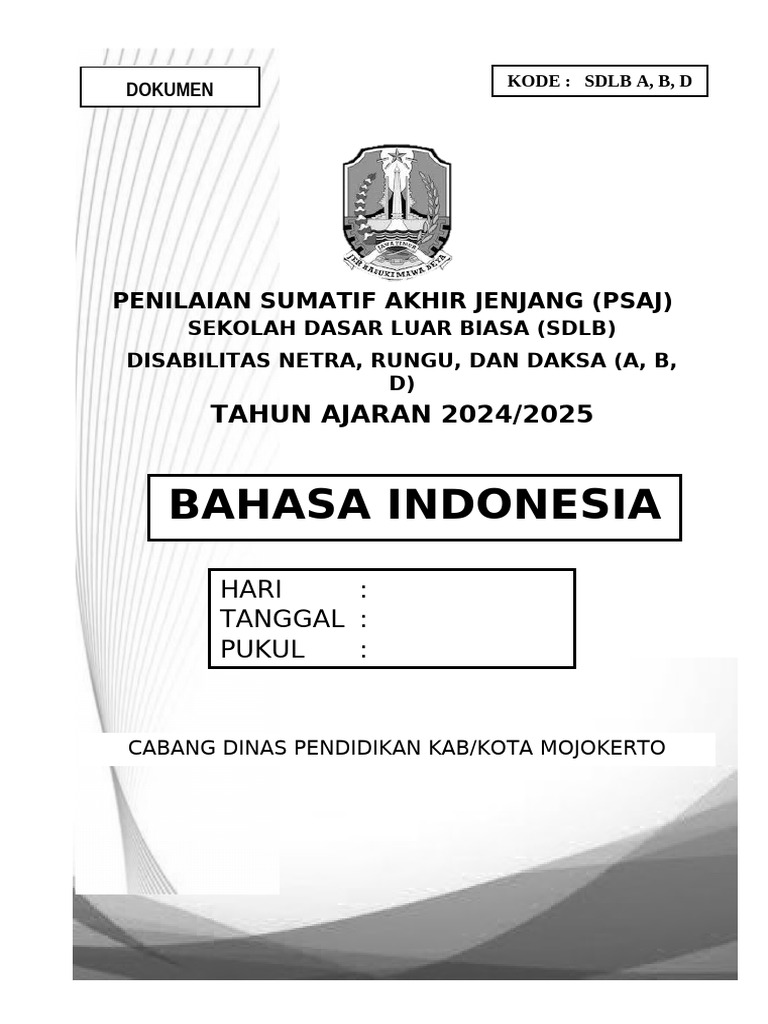 Naskah Soal Bahasa Indonesia SDLB - A, D Tahun 2023 - Final | PDF