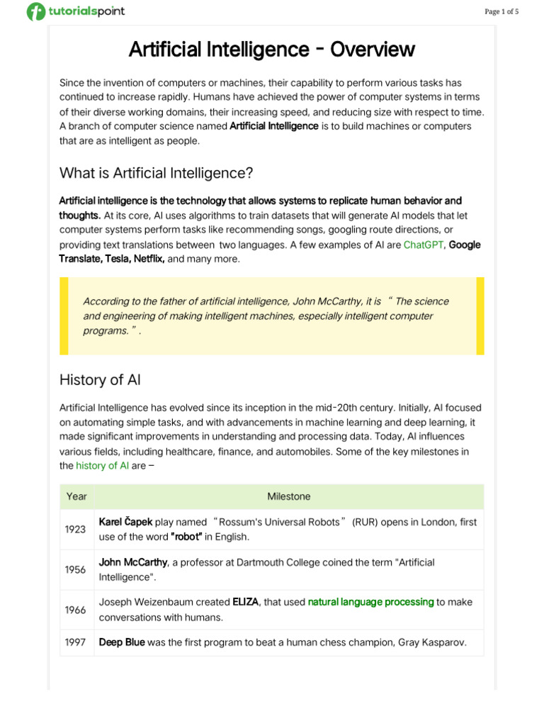 Artificial Intelligence - Overview | PDF | Artificial Intelligence ...