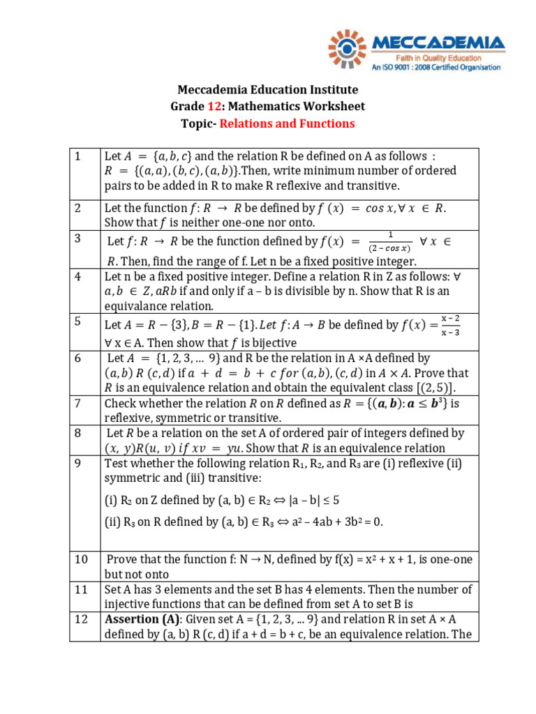 ADE 12 Relations and Functions WS | PDF | Function (Mathematics) | Functions And Mappings