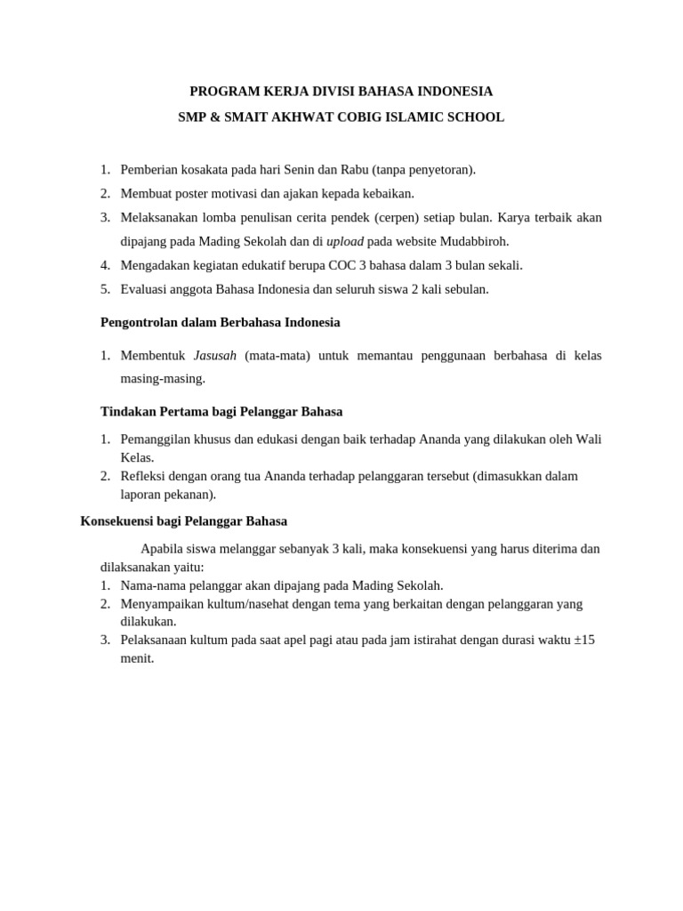 Program Kerja Divisi Bahasa Indonesia | PDF