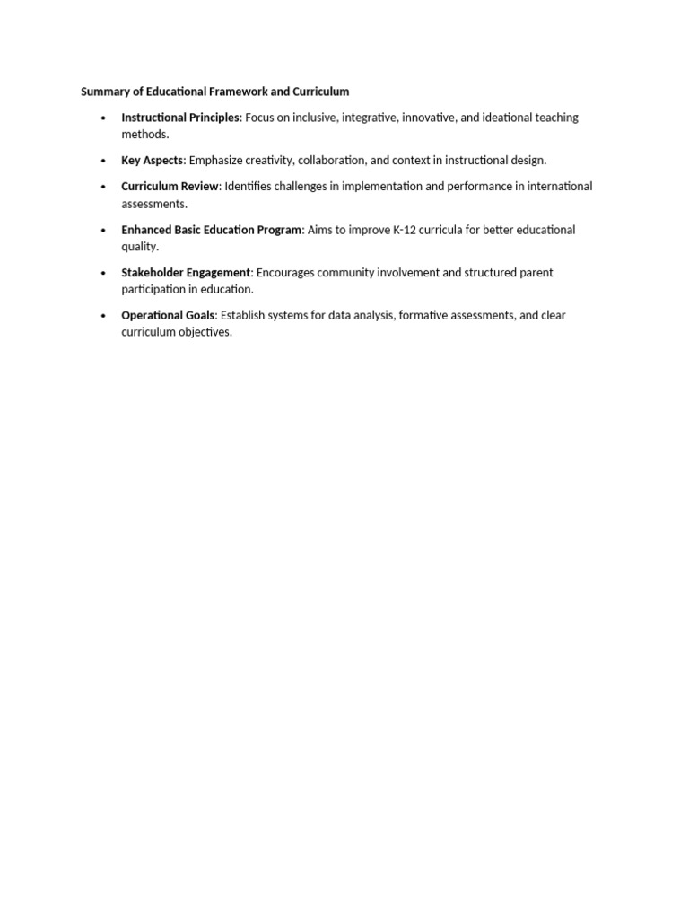 Summary of Educational Framework and Curriculum | PDF