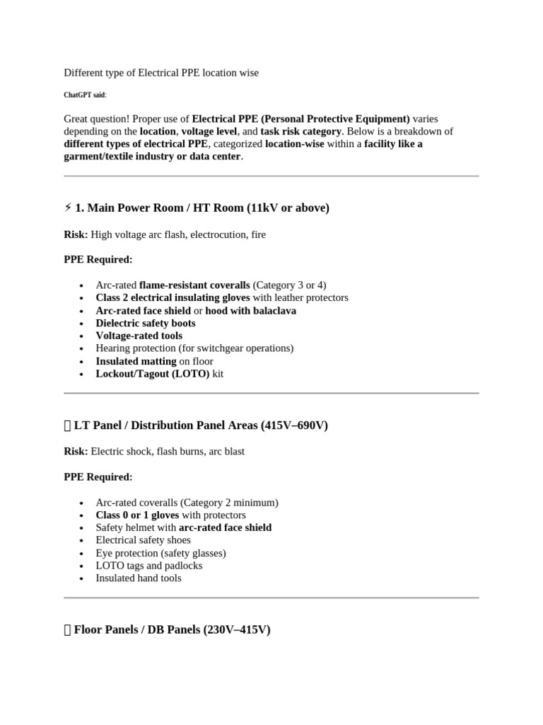 Different Type of Electrical PPE Location Wise | PDF | Personal ...