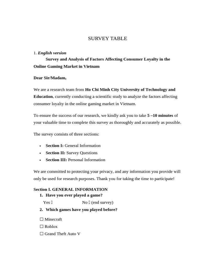Survey Table (Eng and Viet Version - Group 6 | PDF