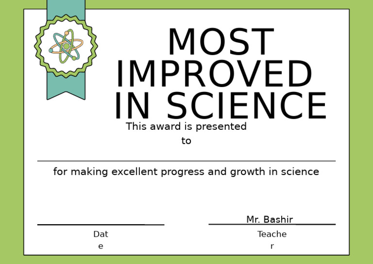 Most Improved Science Award Certificate in Friendly Teal Green Bright ...