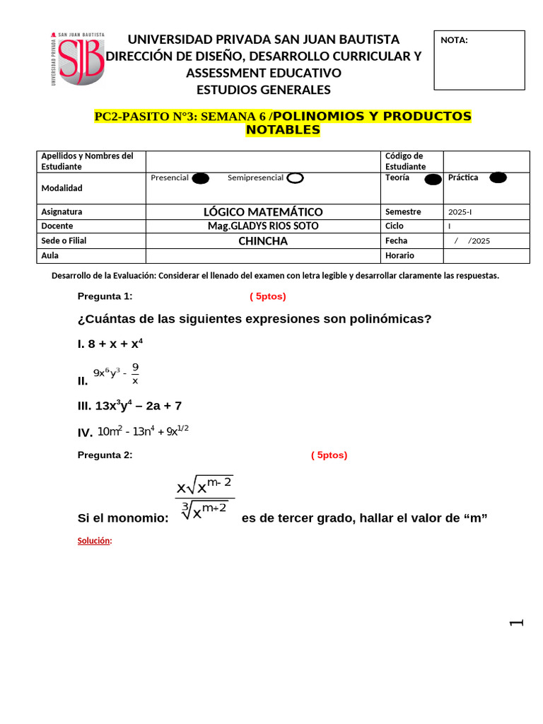 PC2-Pasito 3 - Polinomios y Productos Notables | PDF | Matemáticas | Álgebra
