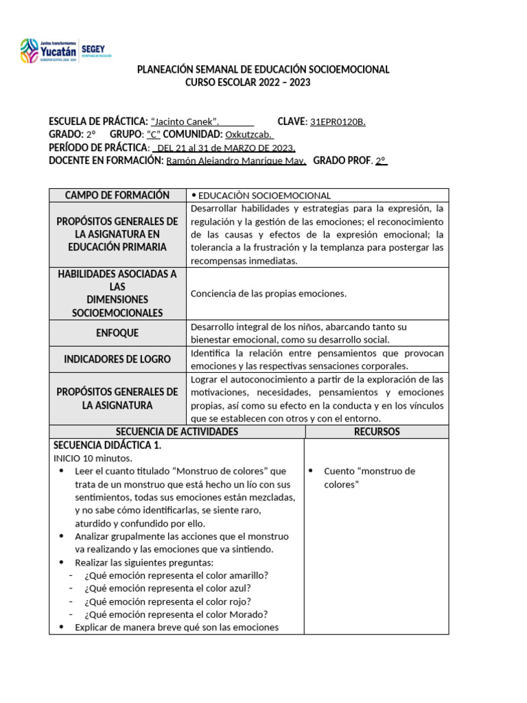 6 Planeación Semanal Educación Socioemocional. Ramón Manrique | PDF ...