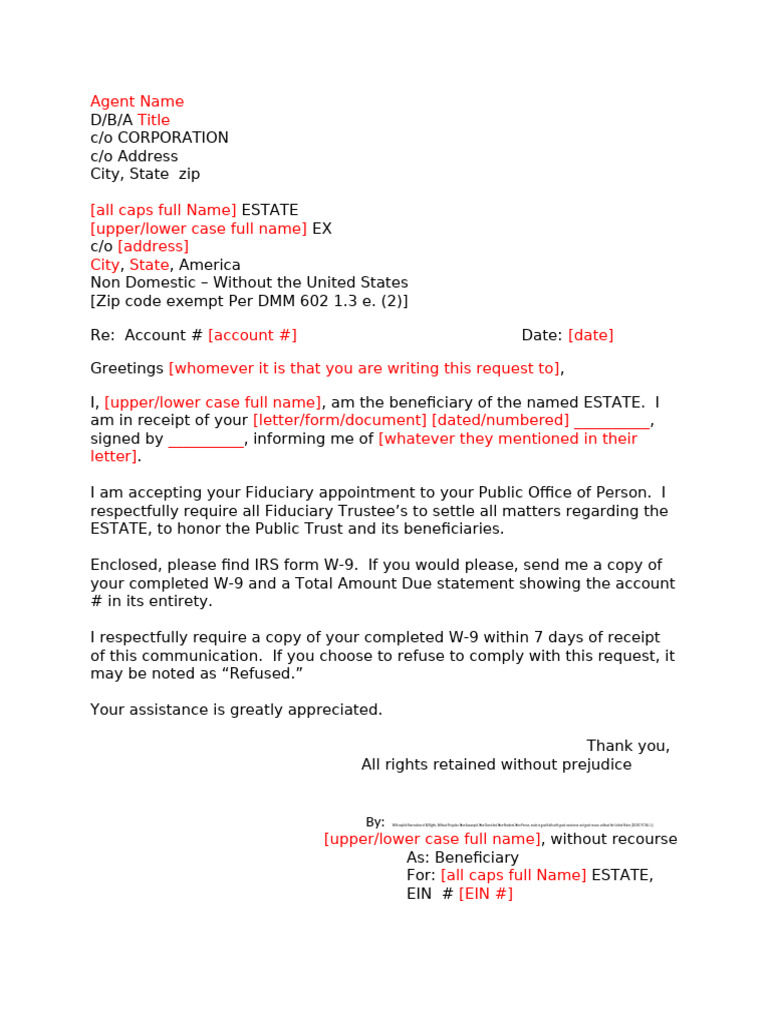 Beneficiary Sample Request Fiduciary For w9 | PDF