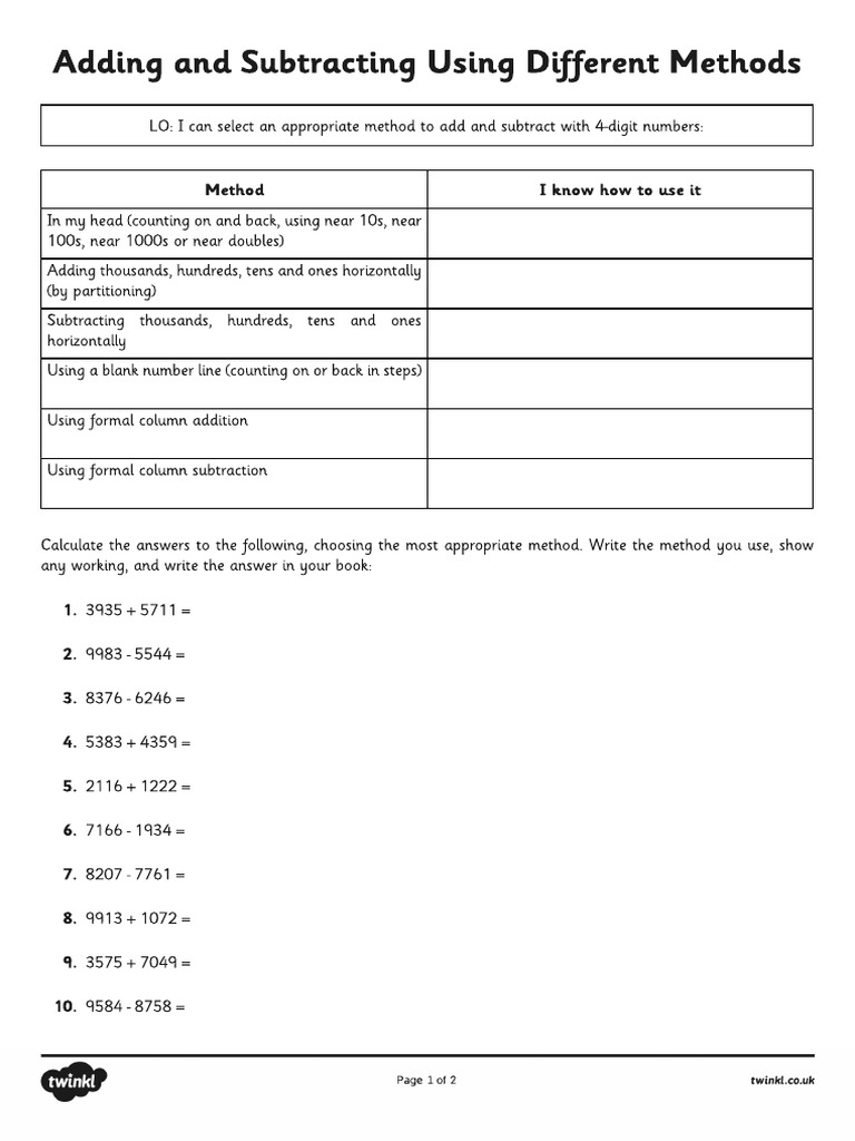Y4 Addition and Subtraction Different Methods | PDF