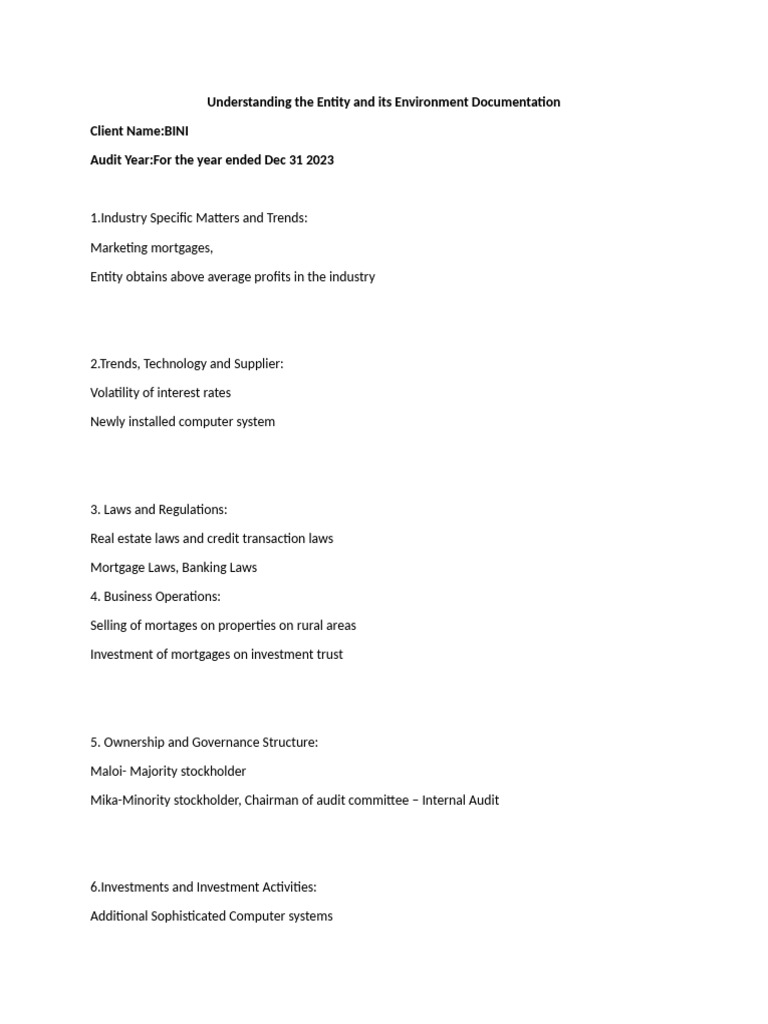 Understanding the Entity and its Environment Documentation | PDF