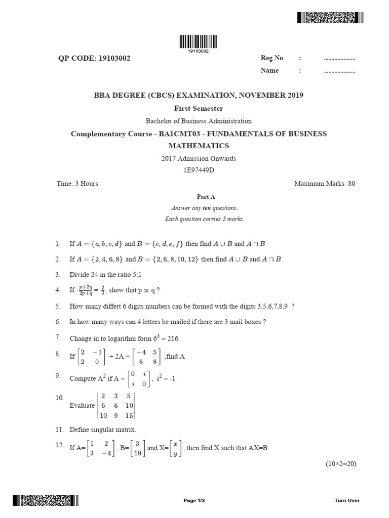 Bba1fbm 2019 Nov Fundamentals of Business Mathematics | PDF | Abstract ...