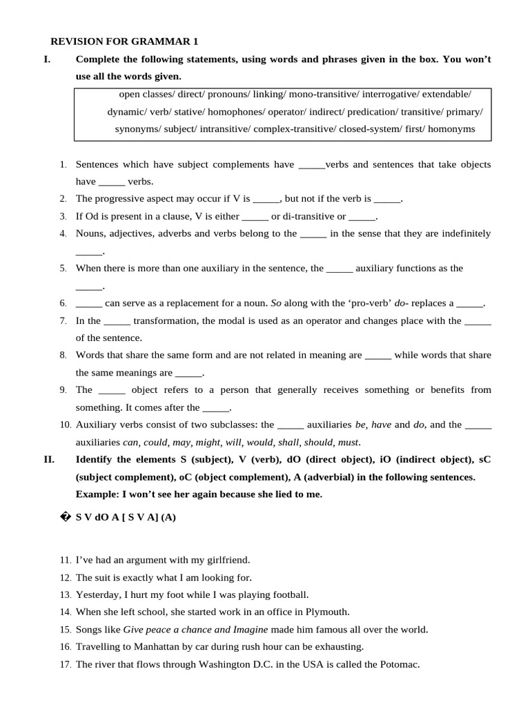 REVISION FOR GRAMMAR Midterm Test 1 | PDF | Verb | Subject (Grammar)