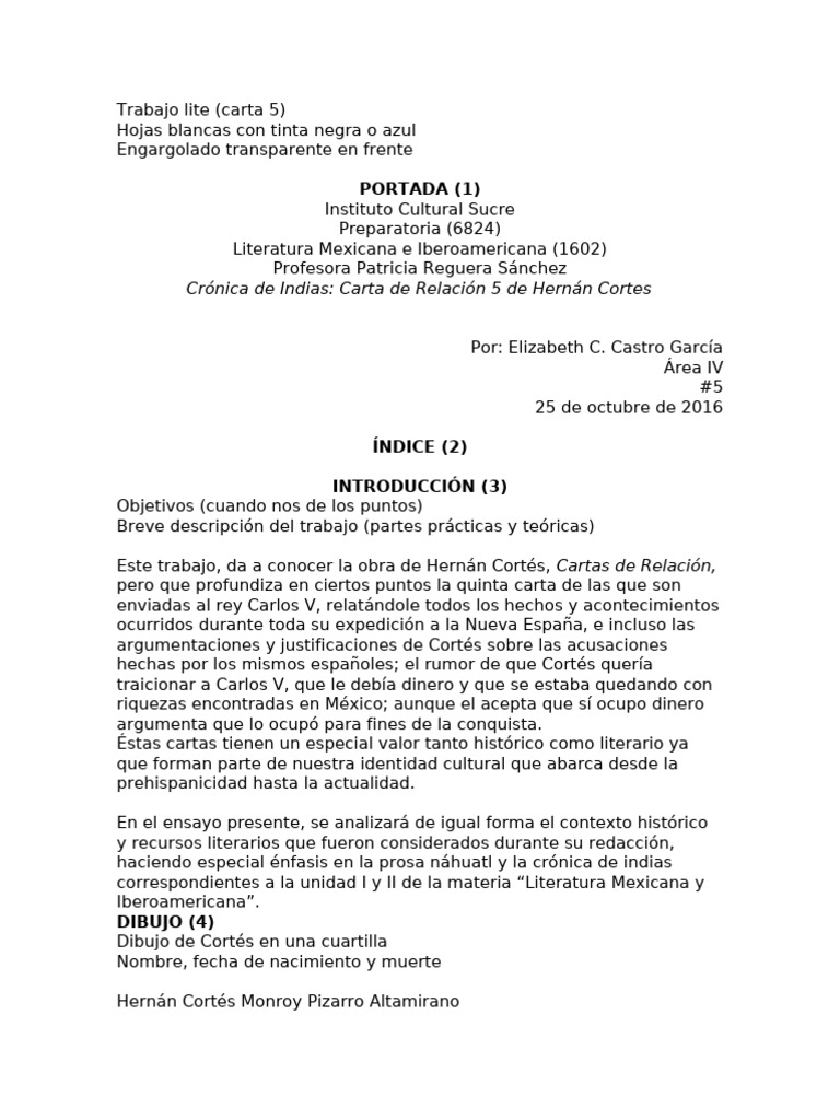 Trabajo Carta de Relación 5 de Hernán Cortes | PDF | Hernán Cortés ...