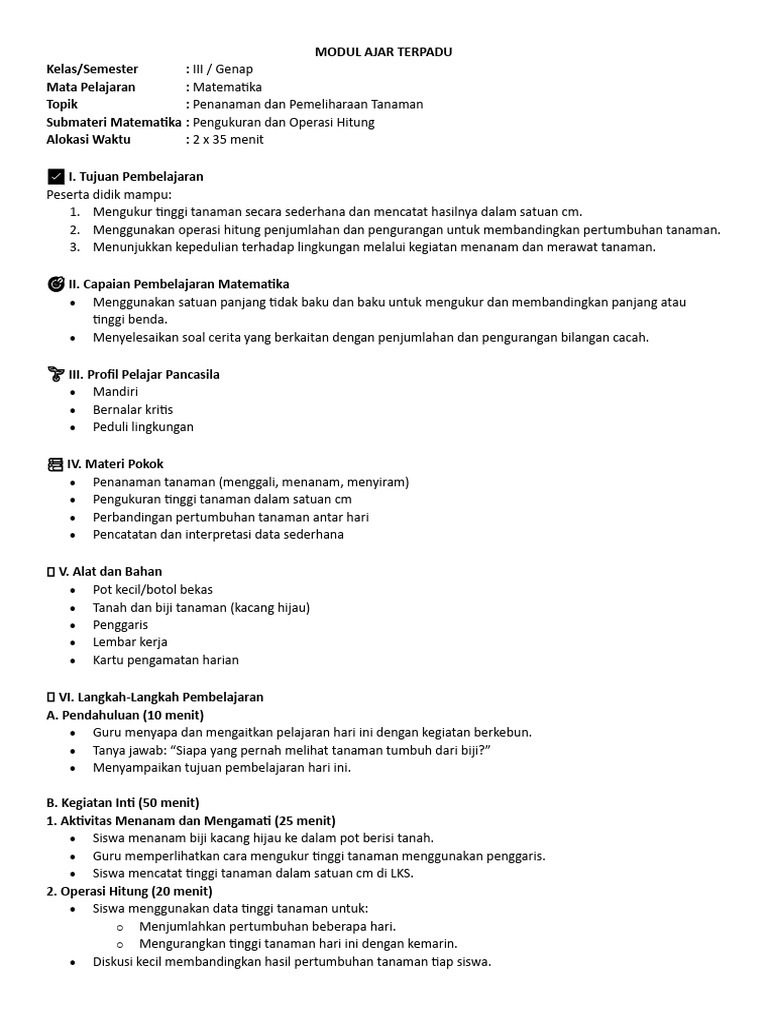 ? MODUL AJAR TERPADU Kelas 3 Matematika - Penanaman Dan Pemeliharaan Tanaman | PDF