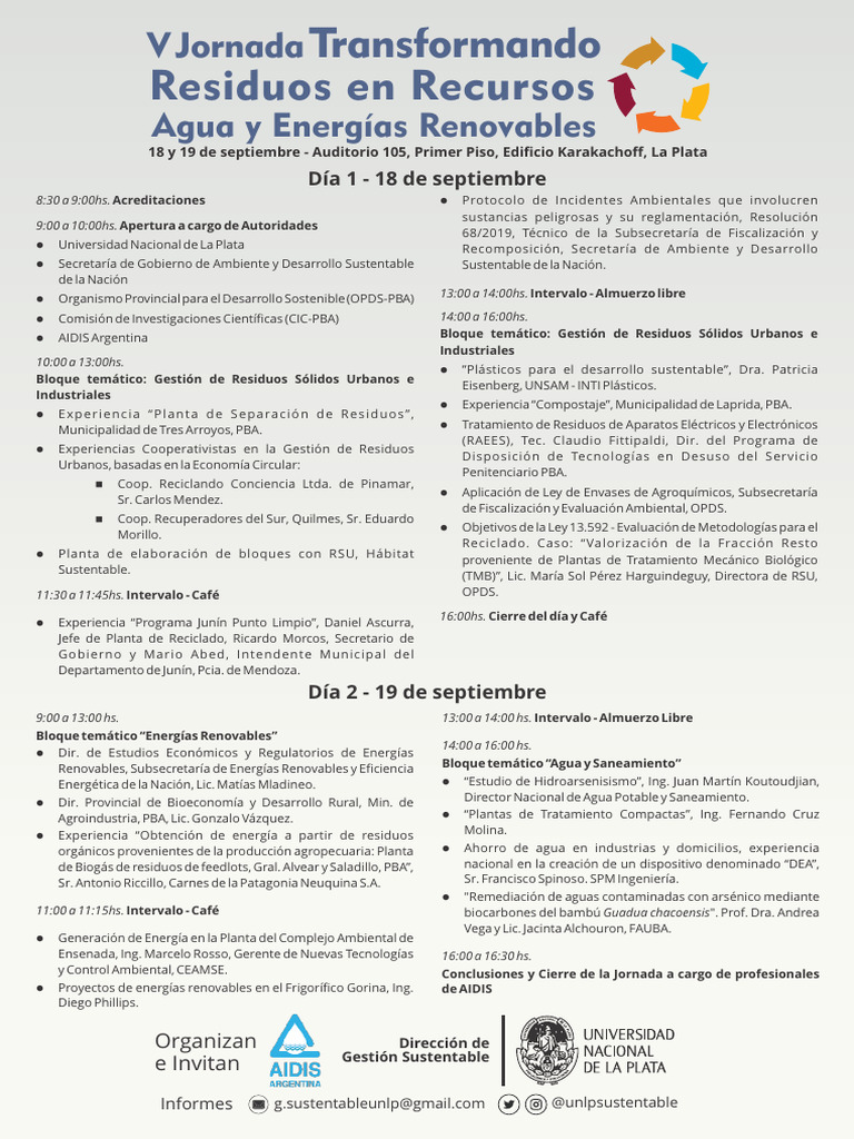 Programa Preliminar Jornada Transformando Residuos en Recursos, Agua y Energías Renovables UNLP ...