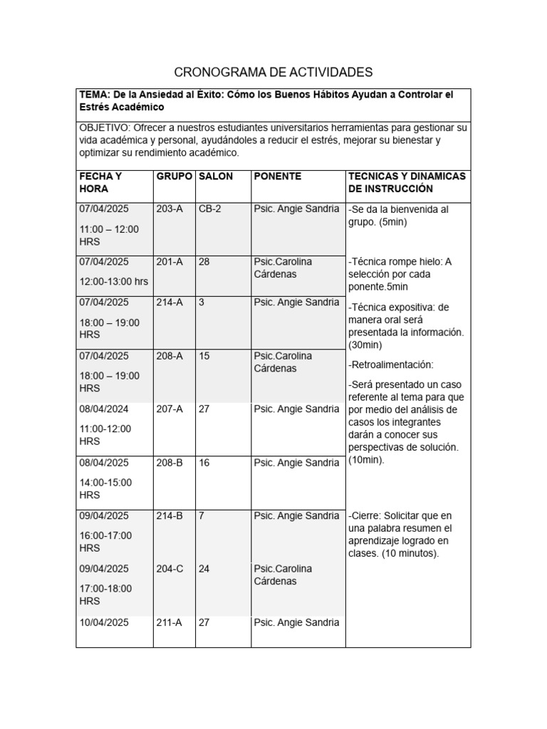 Cronograma de Platica A 2dos Semestres | PDF | Aprendizaje