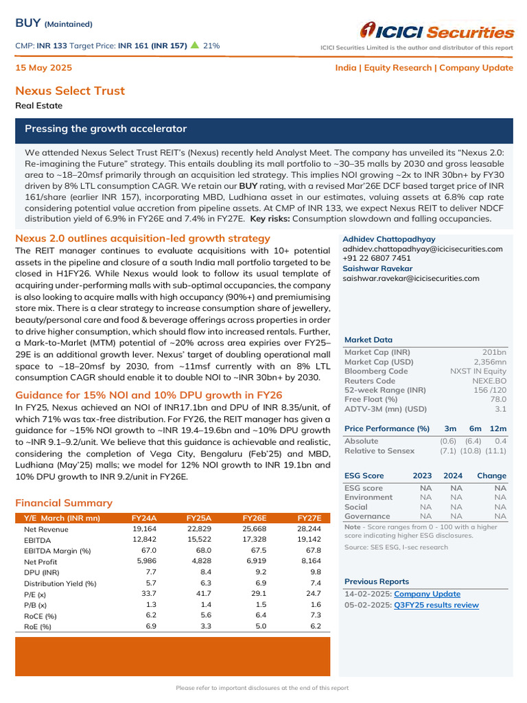 ICICI Securities Sees 21% UPSIDE in Nexus Select Trust Pressing | PDF ...