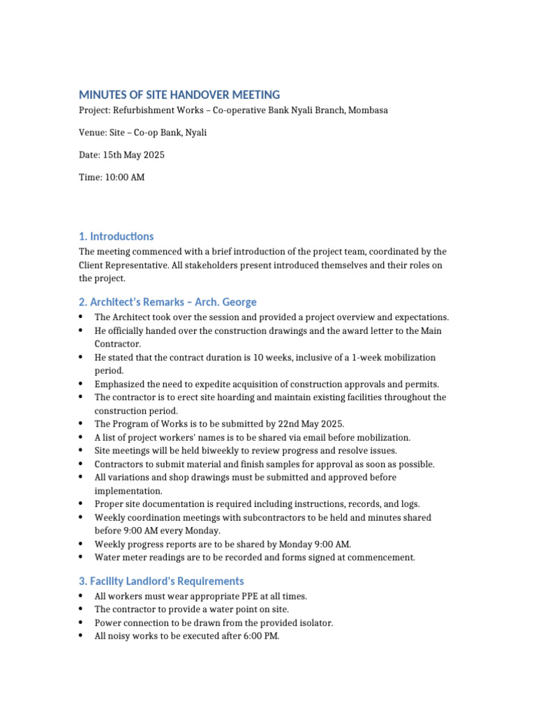 Site Handover Minutes Coop Bank Nyali | PDF | General Contractor