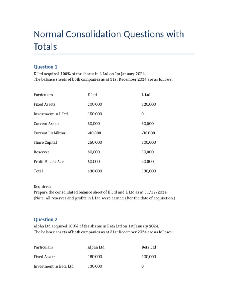 Normal Consolidation Questions With Totals | PDF | Balance Sheet | Business