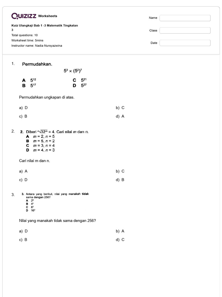 Kuiz Ulangkaji Bab 1 - 3 Matematik Tingkatan 3 | PDF