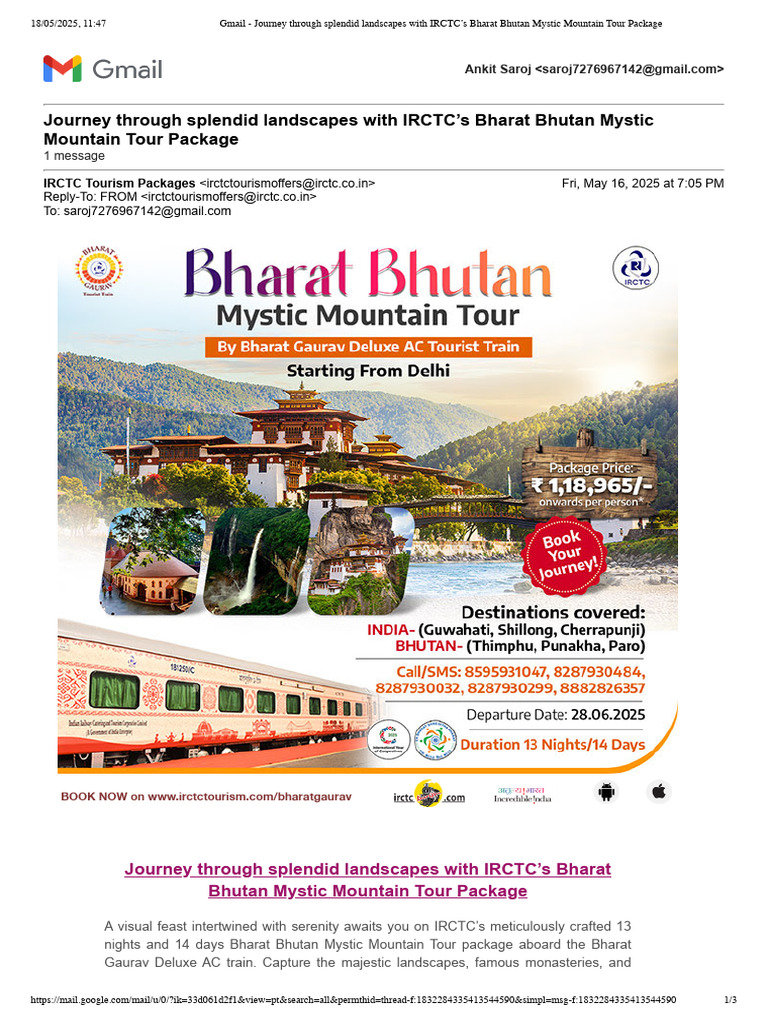 Gmail - Journey Through Splendid Landscapes With IRCTC's Bharat Bhutan ...