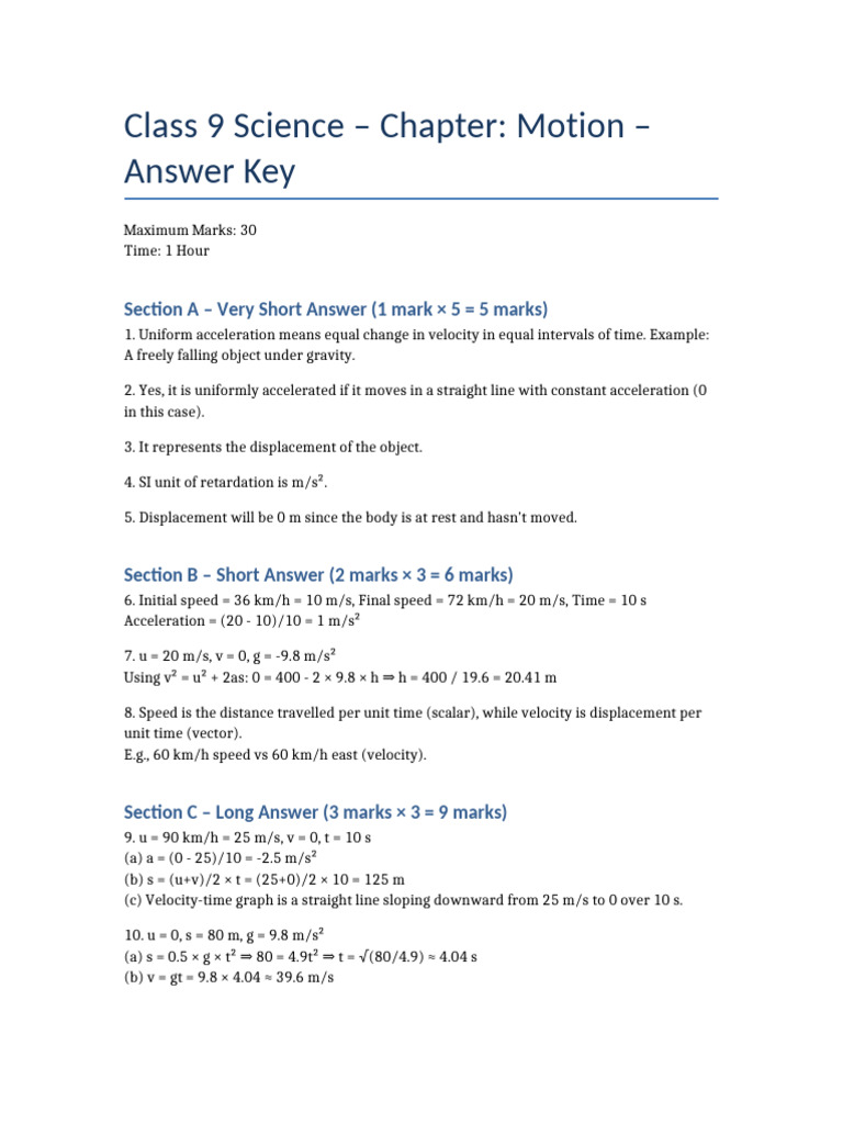 Class9 Motion Test Solutions | PDF