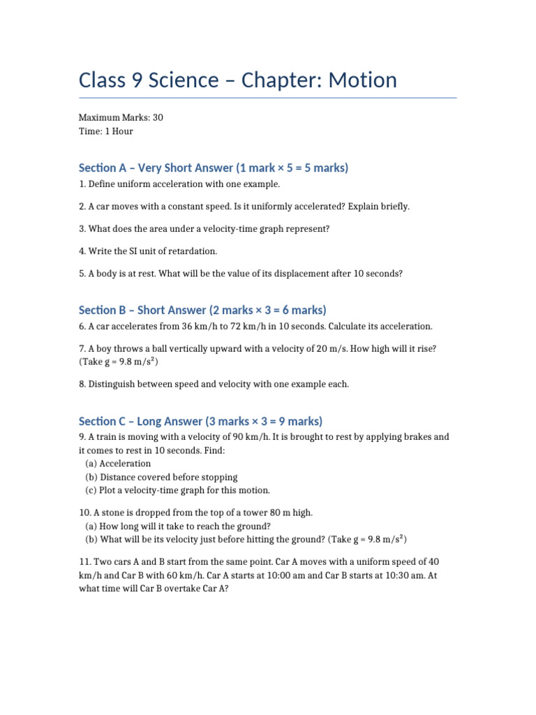 Class9 Motion Test 30 Marks | PDF