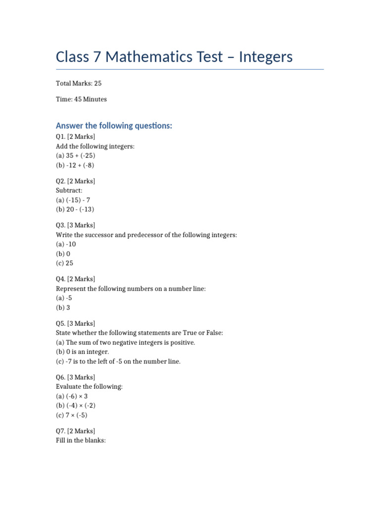 Class 7 Maths Test Integers | PDF