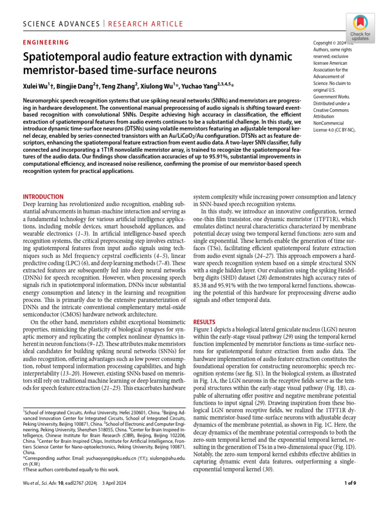 Spatiotemporal Audio Feature Extraction With Dynamic Memristor Based To E Sirface Neurons Pdf