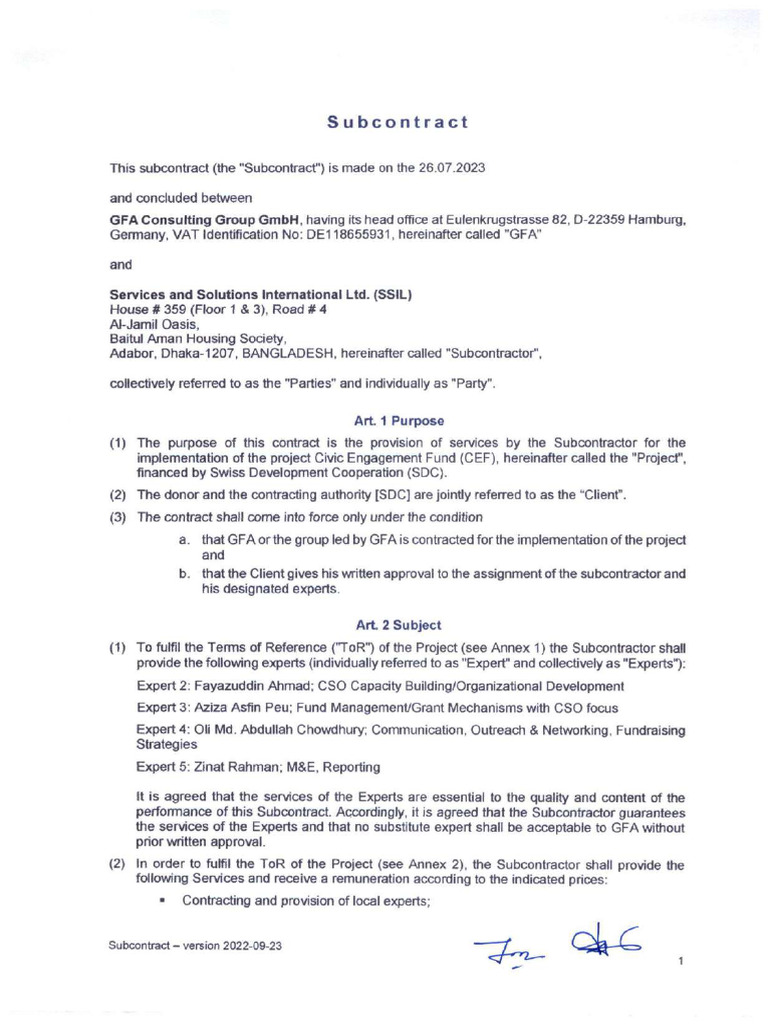 Signed Subcontract GFA SSIL | PDF