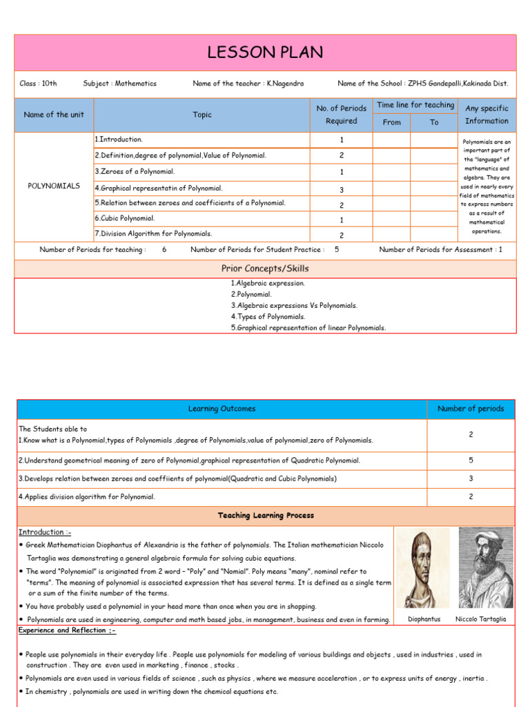 10th Maths Unit 3 Lesson Plan | PDF | Polynomial | Quadratic Equation