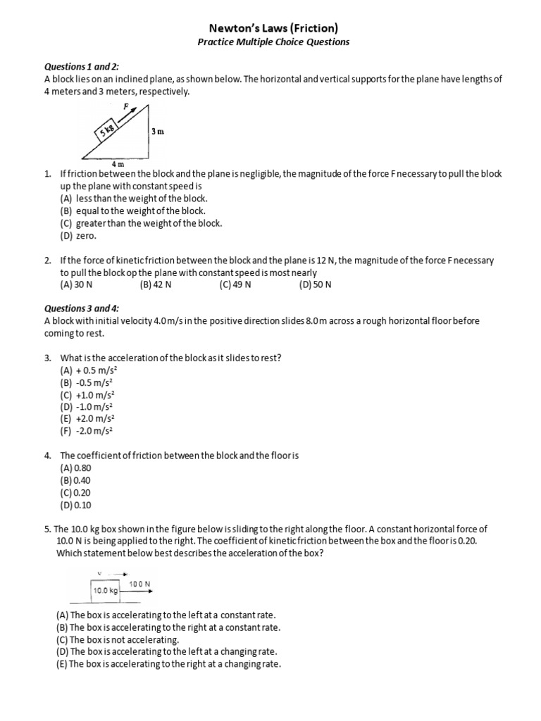 Newtons Laws (Friction) Practice Multiple Choice | PDF | Force | Friction