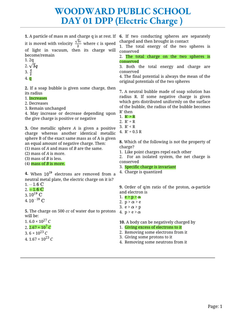Day 01 DPP (Electric Charge) | PDF | Electric Charge | Electron