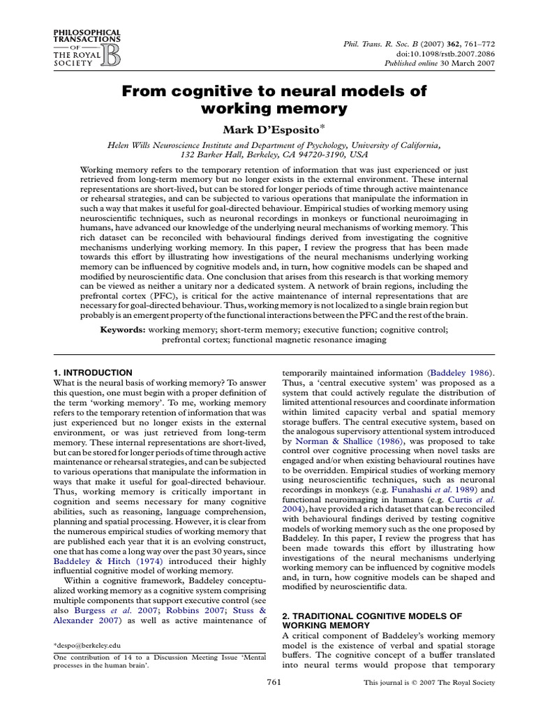 From Cognitive To Neural Models of Working Memory | PDF | Working ...