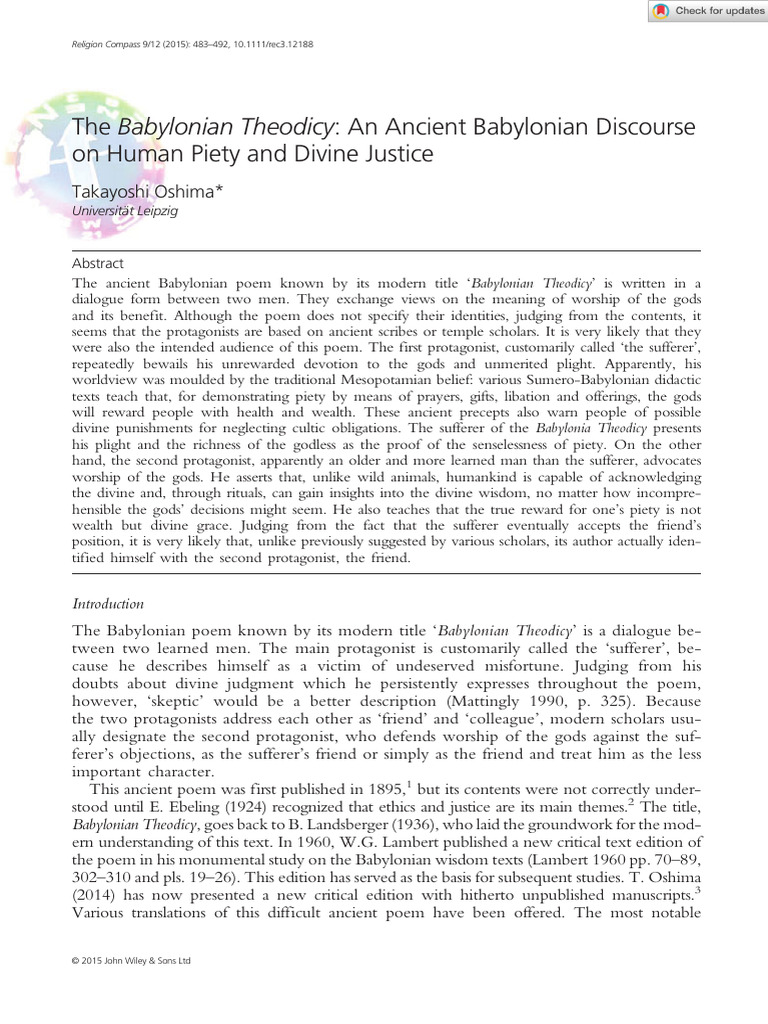 Religion Compass - 2015 - Oshima - The Babylonian Theodicy An Ancient Babylonian Discourse On ...