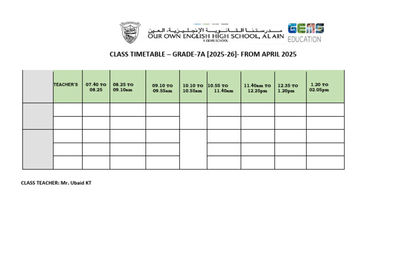7a - Class Timetable - 2025-26 | PDF