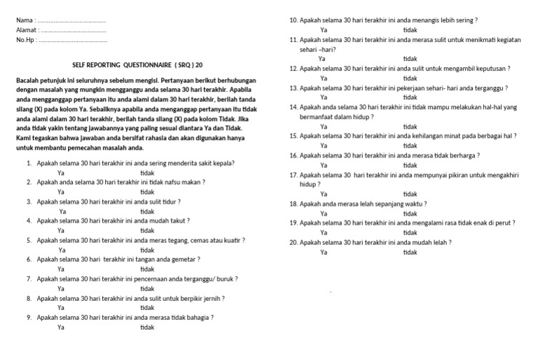 Self Reporting Questionnaire (SRQ) 20 | PDF