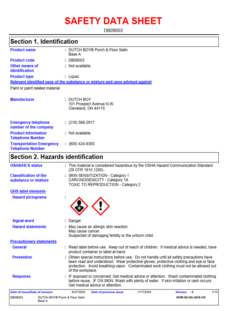 Dutch Boy Porch & Floor Satin SDS | PDF | Waste | Waste Management