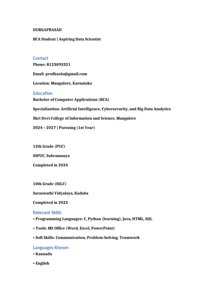 DurgaPrasad Resume No Certifications Copy | PDF