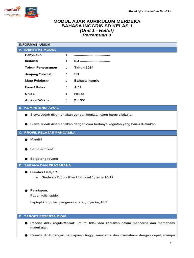 Modul Ajar - B1U1 - Speaking and Writing | PDF