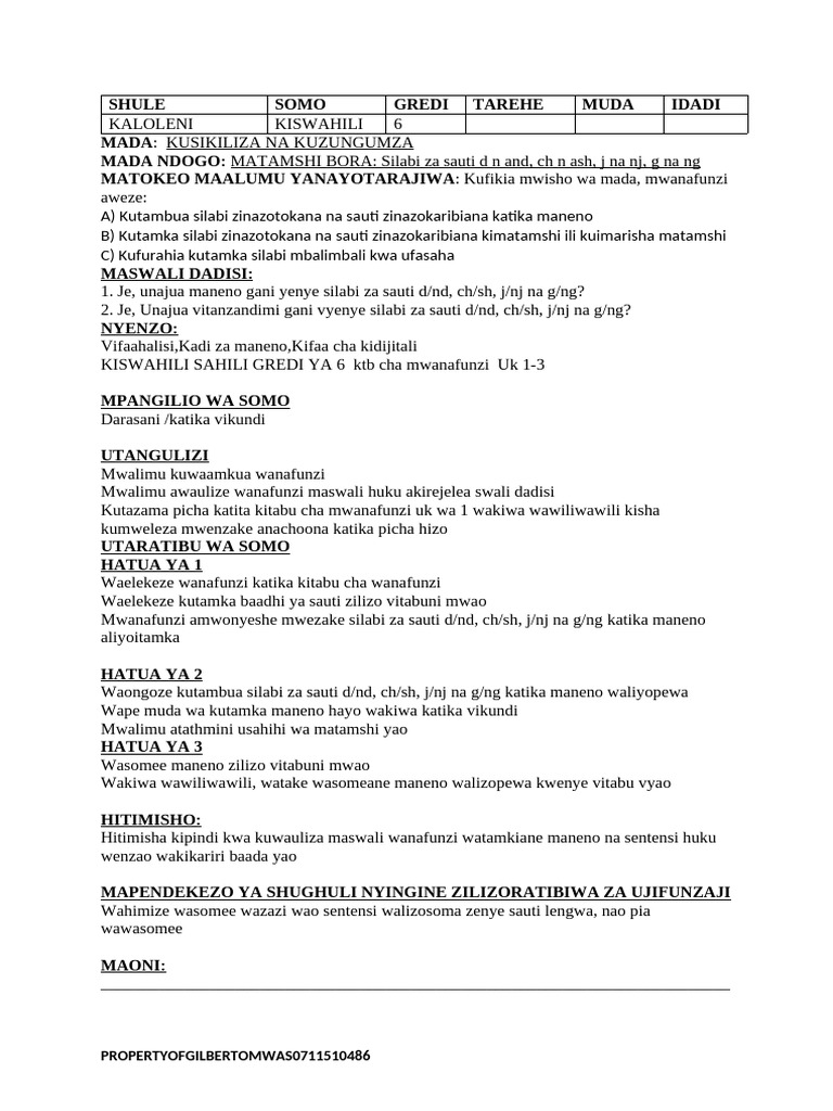 Grade 6 Term 2 Kiswahili Lesson Plans | PDF