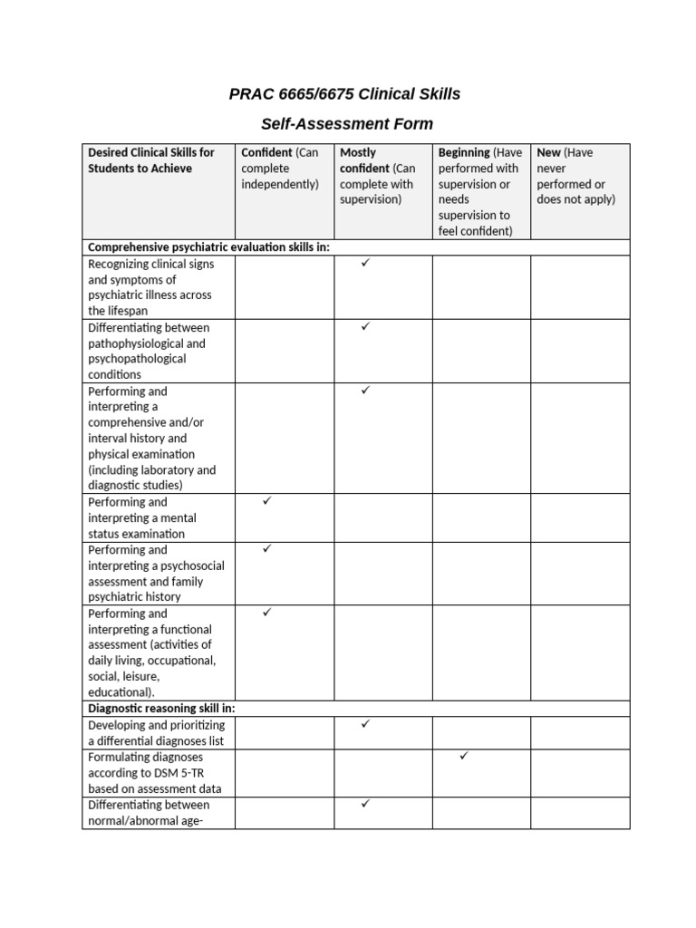 PRAC 6665 6675 Clinical Skills Self Assessment Form Final (1 | PDF | Psychotherapy | Psychiatry