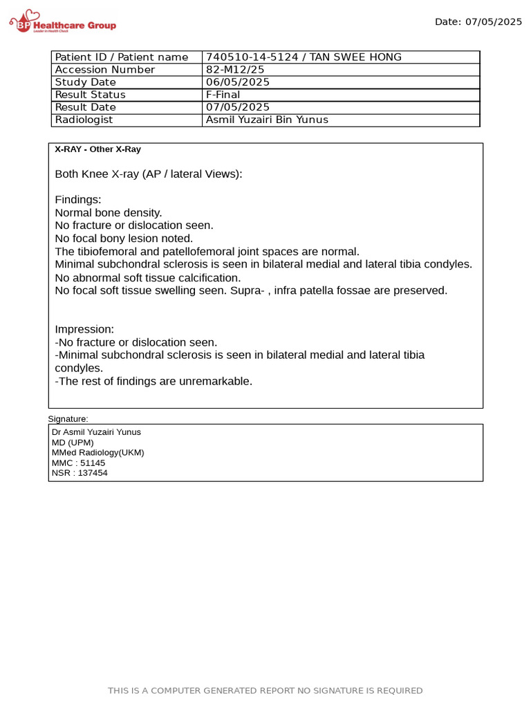 MMG Medical Report: Knee X-Ray Findings | PDF