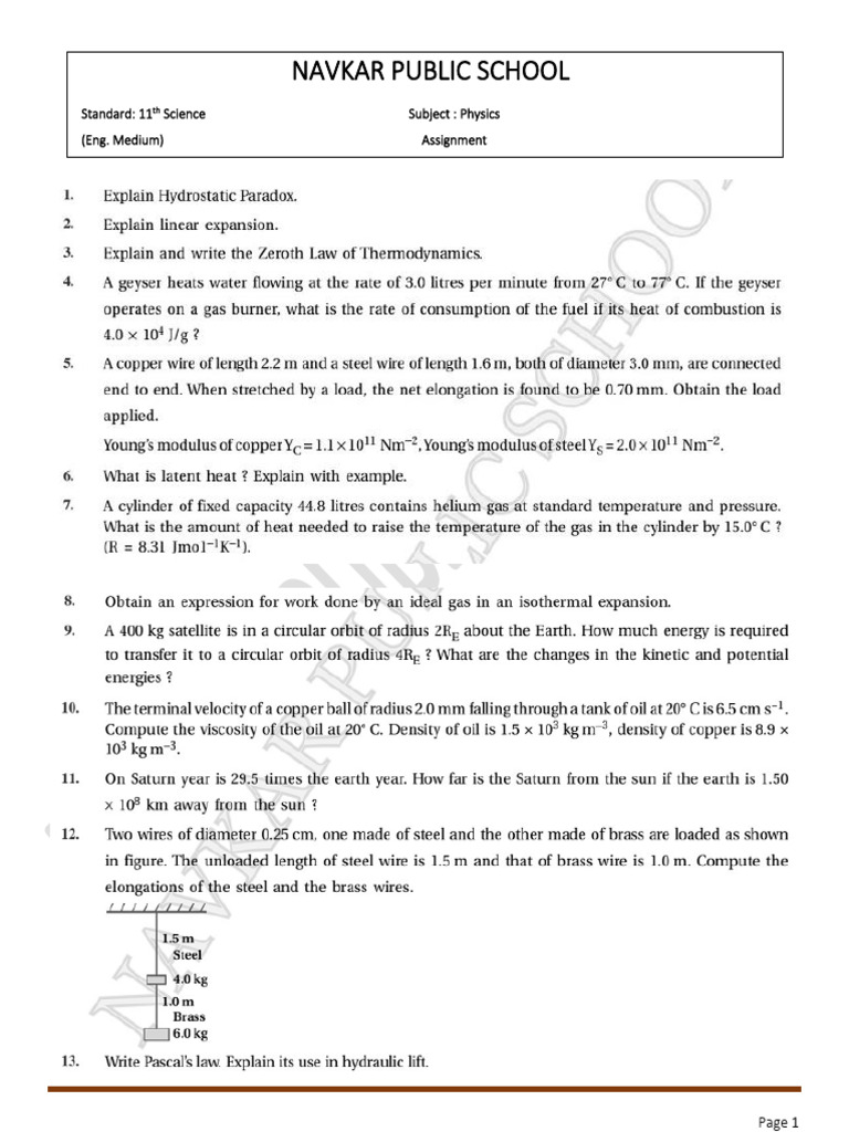 STD 11th Physics Assignment em 2nd Term | PDF