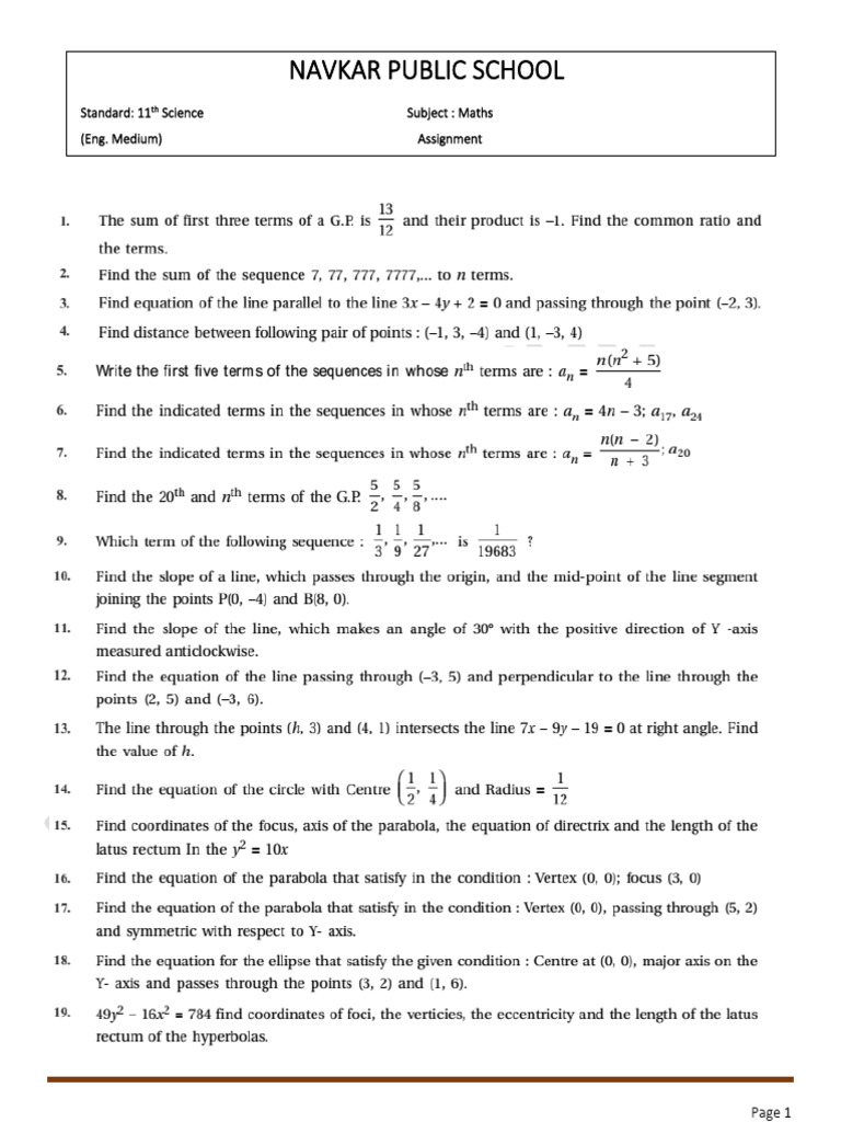 STD 11th Maths Assignment em 2nd Term | PDF