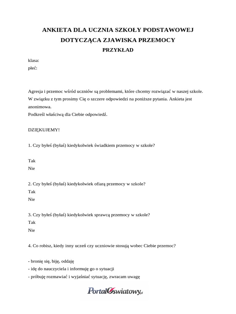 Przyklad Ankiety Dotyczacej Zjawiska Przemocy Dla Ucznia Szkoly Podstawowej | PDF