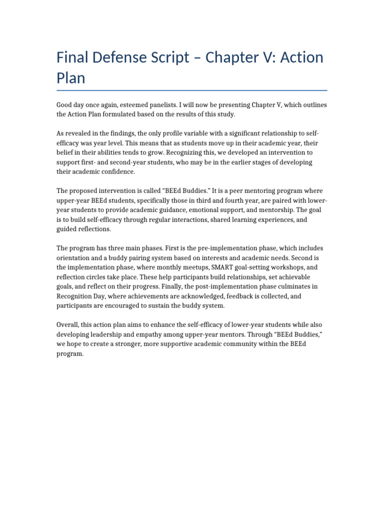 Final Defense Script Chapter V Action Plan | PDF