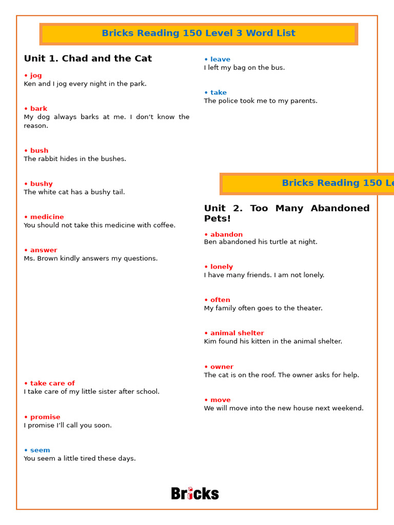 Bricks Reading 150: Unit Highlights | PDF | Foods
